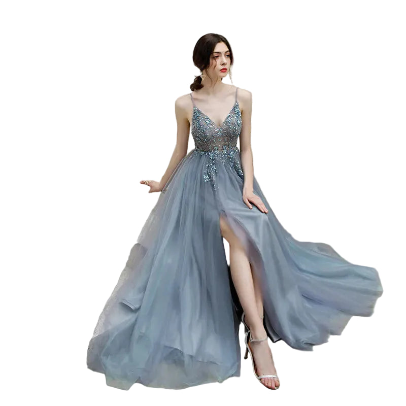 Sexy V-Neck Long Prom Dresses Beaded Beading Crystal High Splits Backl ...