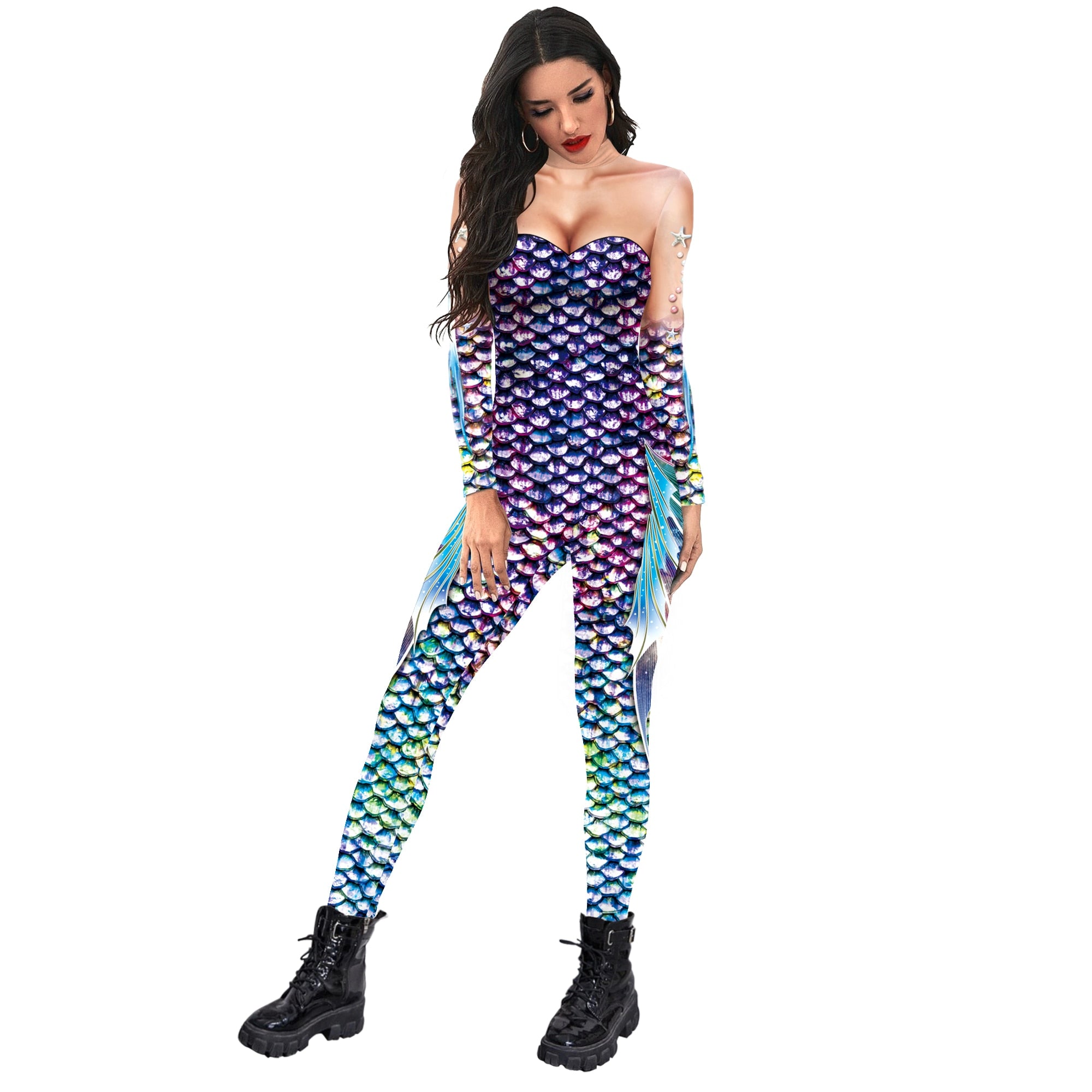 Fish Scale Digital Printing Holiday Party Cos Mermaid Bodysuit Women J ...