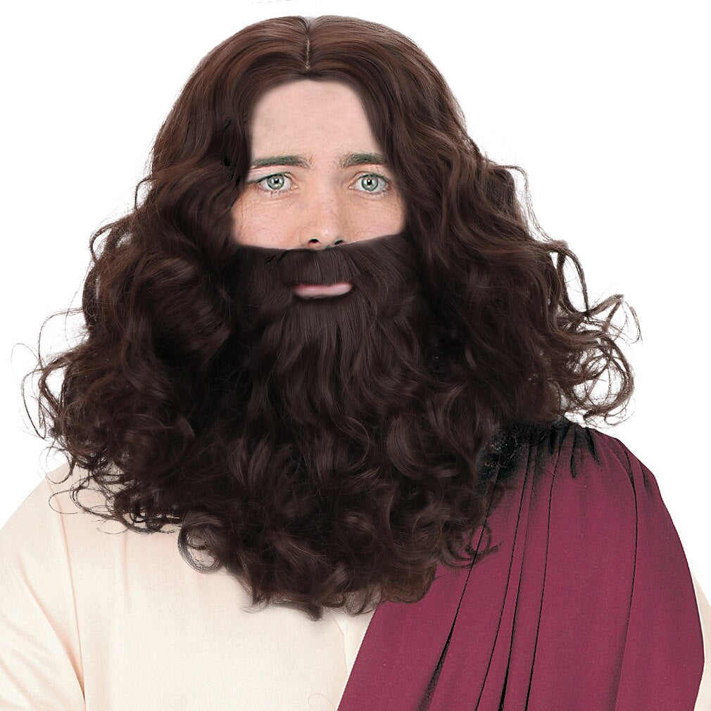 Brown Jesus Wig and Beard Set-Adult Curly Bilicals oh Gods Cosplay Par ...