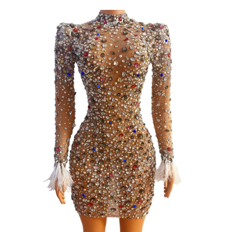 Sparkly Colorful Rhinestones Transparent Dress Prom Evening Sexy See T ...