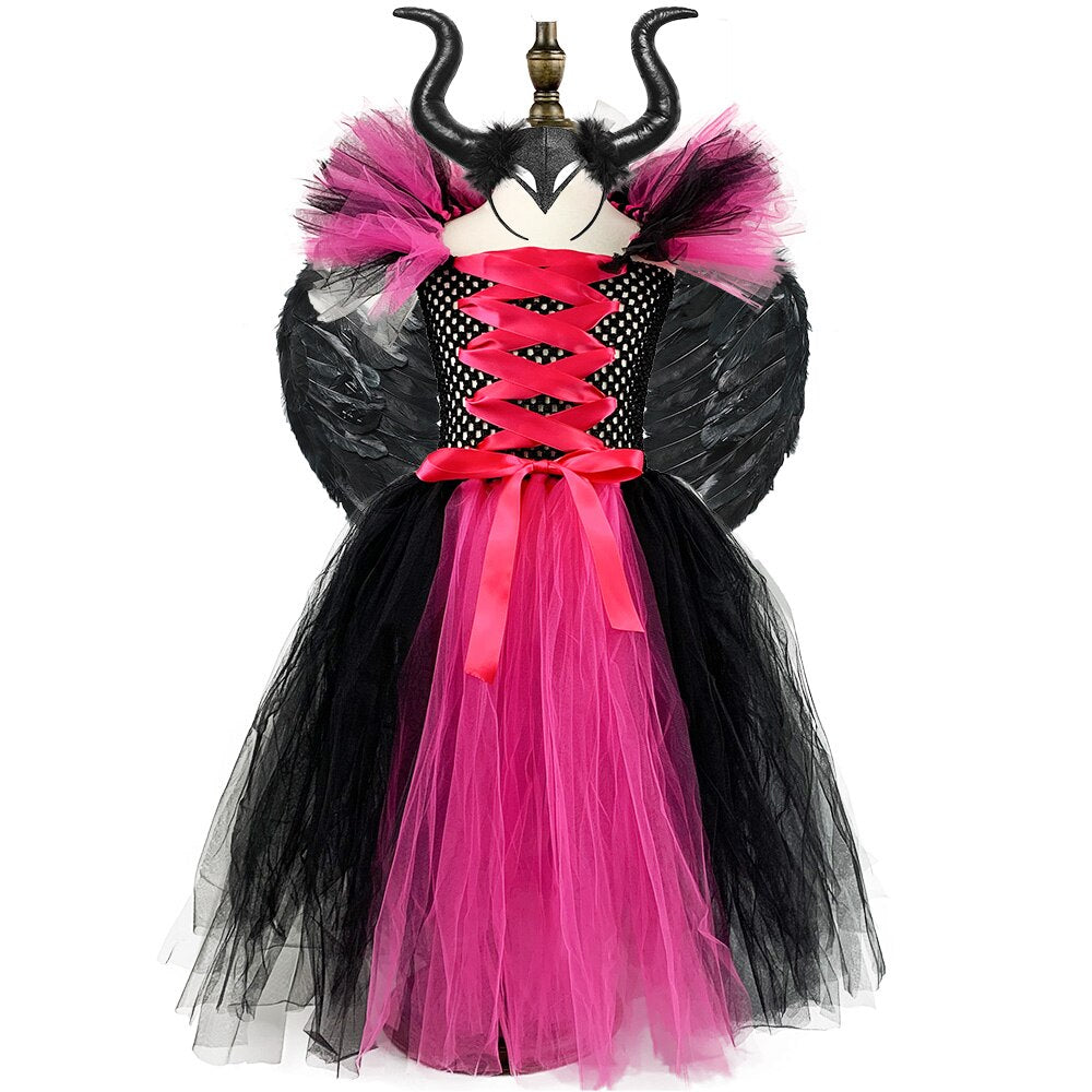 Kids Hot Pink Devil Costume Gothic Halloween Girls Fancy Tutu Dress wi ...