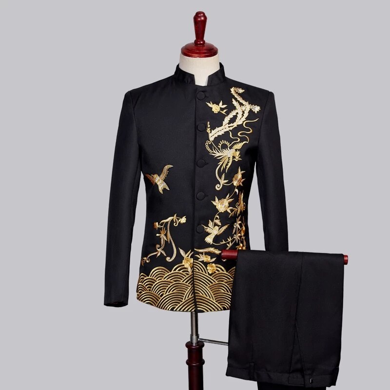 Chinese Tunic Suit Vintage Embroidery Blazer Pants 2-Pieces Men's ...